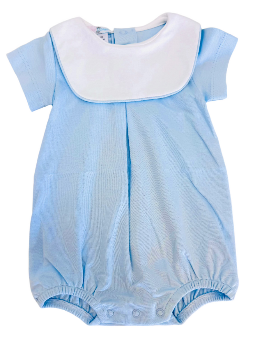 Baby Loren Blue Bib Pima Bubble with White Piping – First Glimpse Boutique