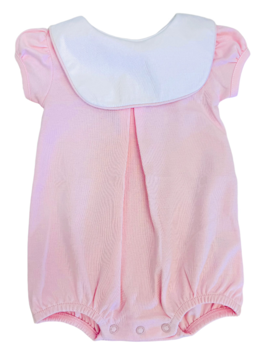 Baby Loren Pink Bib Pima Bubble with White Piping – First Glimpse Boutique